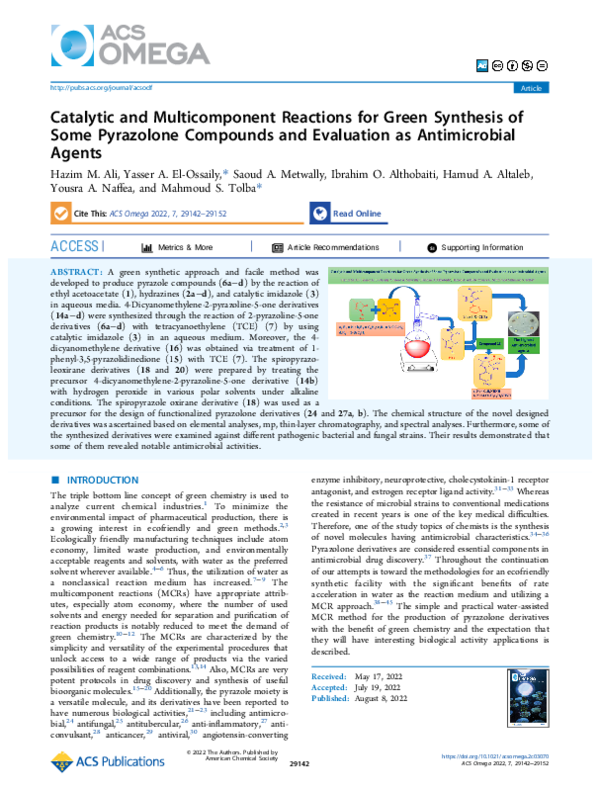 (PDF) Catalytic and Multicomponent Reactions for Green Synthesis of Some Pyrazolone Compounds ...