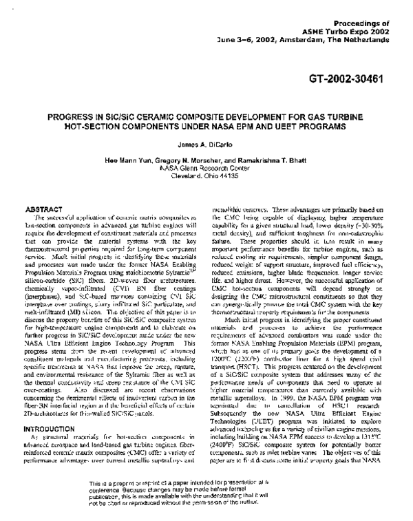 (PDF) Progress in SiC/SiC Ceramic Composite Development for Gas Turbine ...