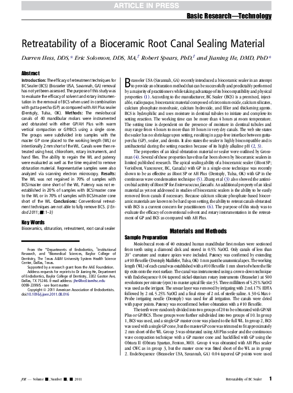 (PDF) Retreatability of a Bioceramic Root Canal Sealing Material