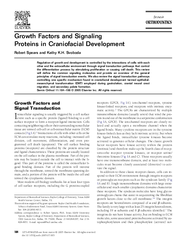 (PDF) Growth factors and signaling proteins in craniofacial development