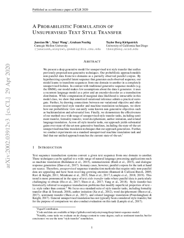 (PDF) A Probabilistic Formulation of Unsupervised Text Style Transfer
