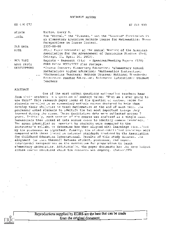 (PDF) The Formal, the Planned, and the Learned Curriculum in an ...