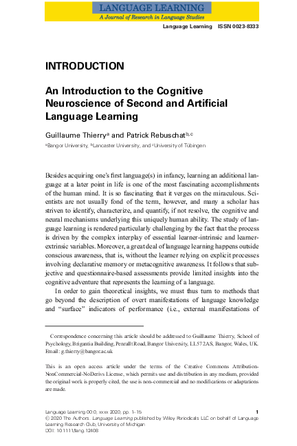 (PDF) An Introduction to the Cognitive Neuroscience of Second and Artificial Language Learning