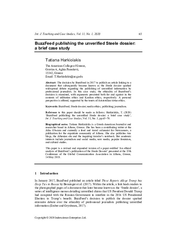 (PDF) BuzzFeed publishing the unverified Steele dossier: a brief case study