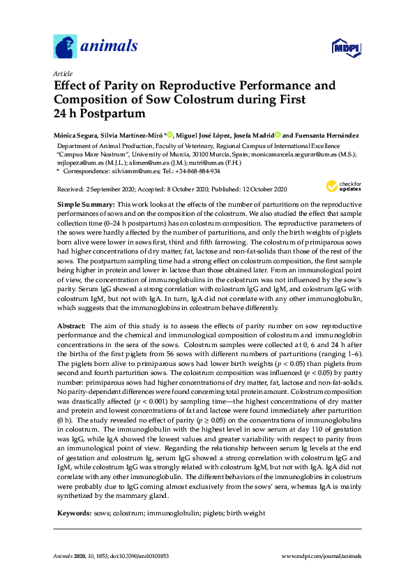 (PDF) Effect of Parity on Reproductive Performance and Composition of Sow Colostrum during First ...