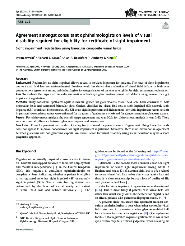 (PDF) Agreement amongst consultant ophthalmologists on levels of visual ...
