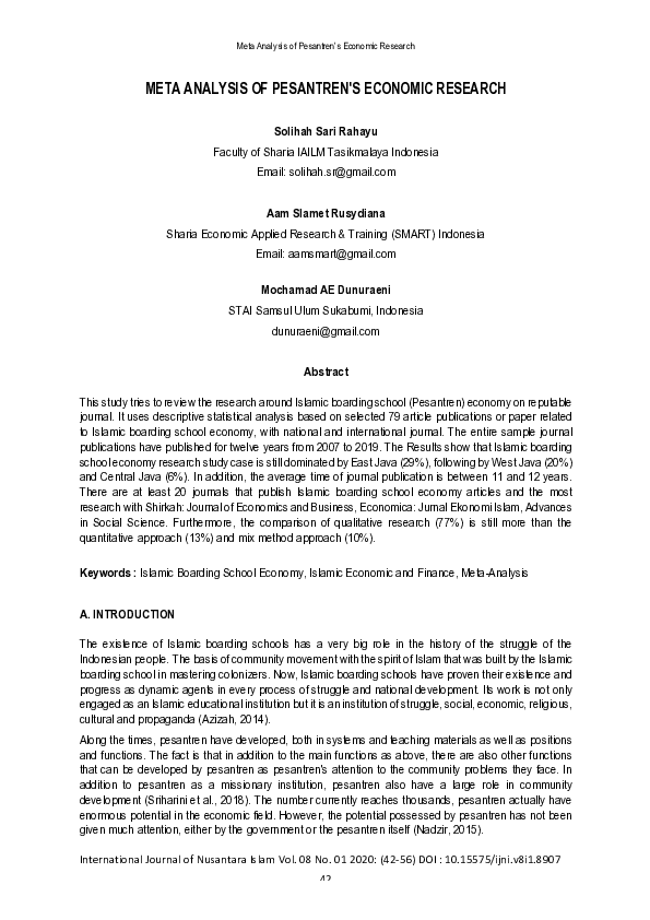 (PDF) Meta Analysis of Pesantren's Economic Research | Aam S L A M E T Rusydiana - Academia.edu