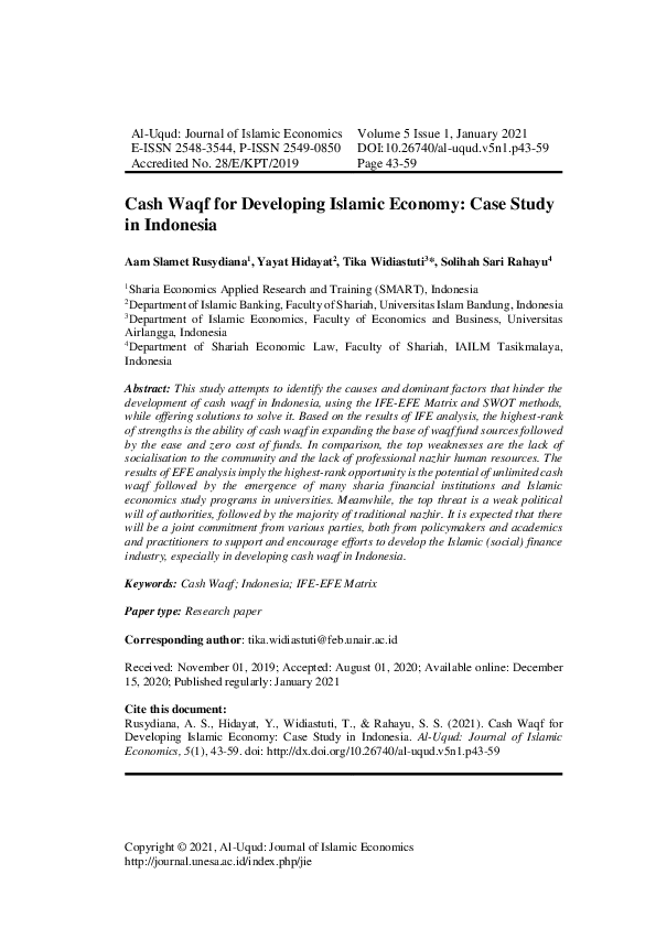 (PDF) Cash Waqf for Developing Islamic Economy: Case Study in Indonesia
