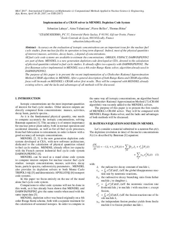 (PDF) Implementation of a CRAM solver in MENDEL Depletion Code System