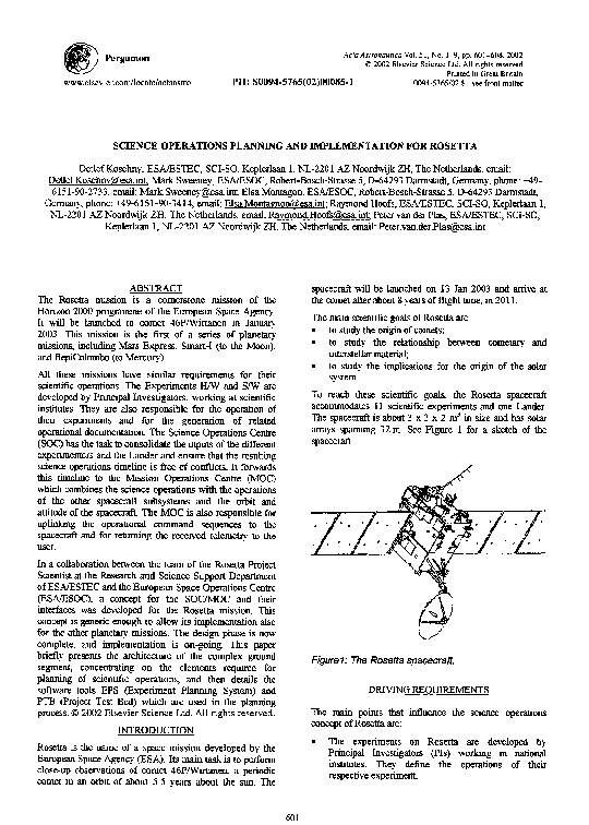 (PDF) Science operations planning and implementation for Rosetta