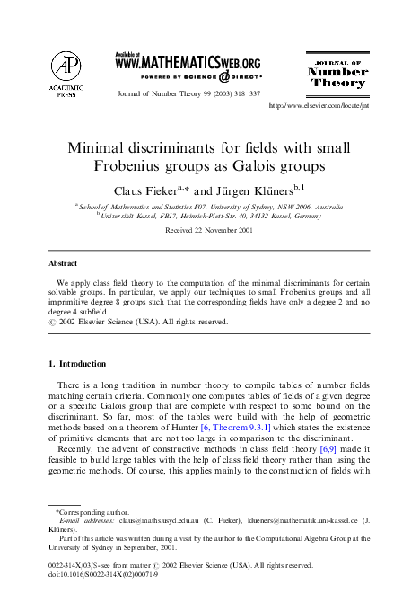 (PDF) Minimal discriminants for fields with small Frobenius groups as ...