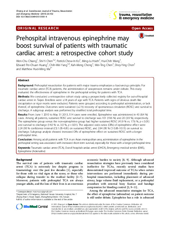 Pdf Prehospital Intravenous Epinephrine May Boost Survival Of