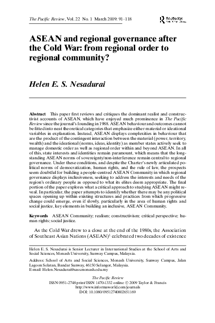 (PDF) ASEAN and regional governance after the Cold War: from regional ...