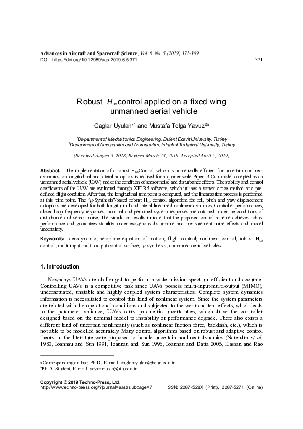 Pdf Robust H∞ Control Applied On A Fixed Wing Unmanned Aerial Vehicle
