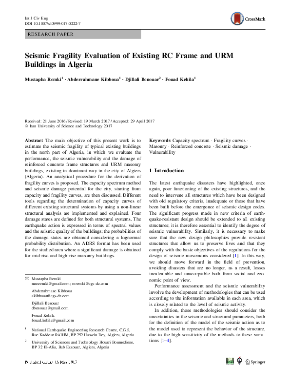 Pdf Seismic Fragility Evaluation Of Existing Rc Frame And Urm Buildings In Algeria