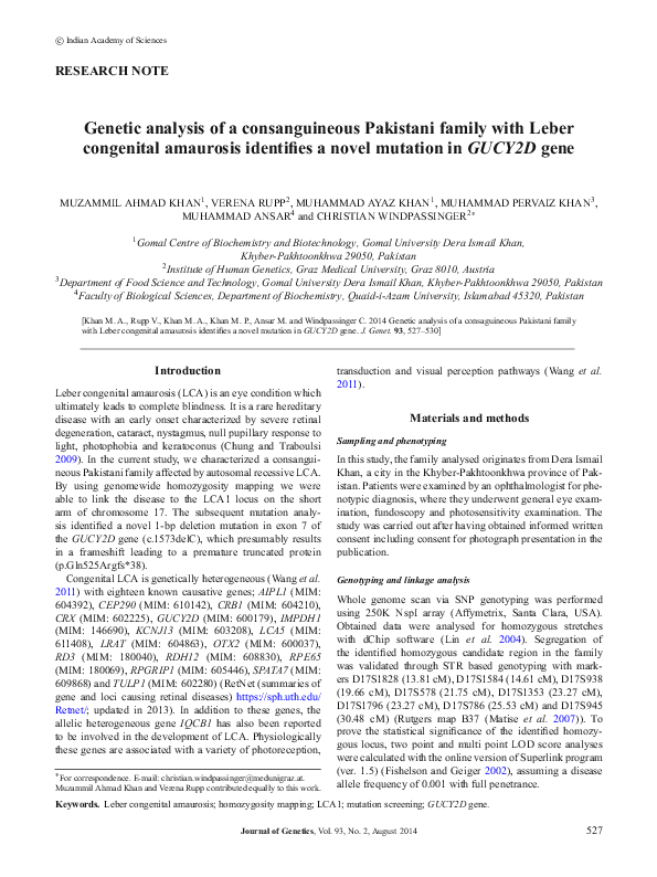 (PDF) Genetic analysis of a consanguineous Pakistani family with Leber ...