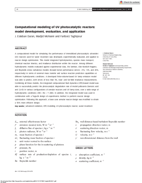 Pdf Computational Modeling Of Uv Photocatalytic Reactors Model Development Evaluation And