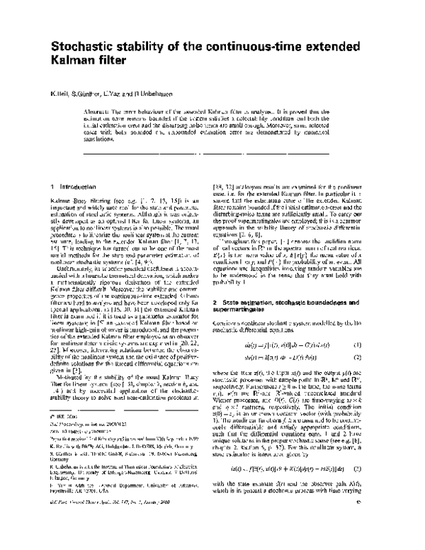 (PDF) Stochastic stability of the continuous-time extended Kalman filter