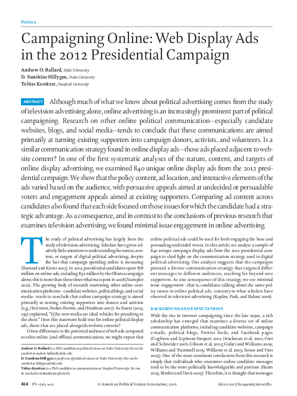 (PDF) Campaigning Online: Web Display Ads in the 2012 Presidential Campaign