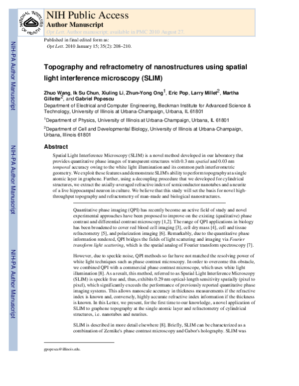 Pdf Topography And Refractometry Of Nanostructures Using Spatial Light Interference Microscopy