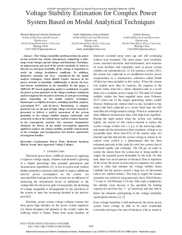 (PDF) Voltage Stability Estimation for Complex Power System Based on Modal Analytical Techniques