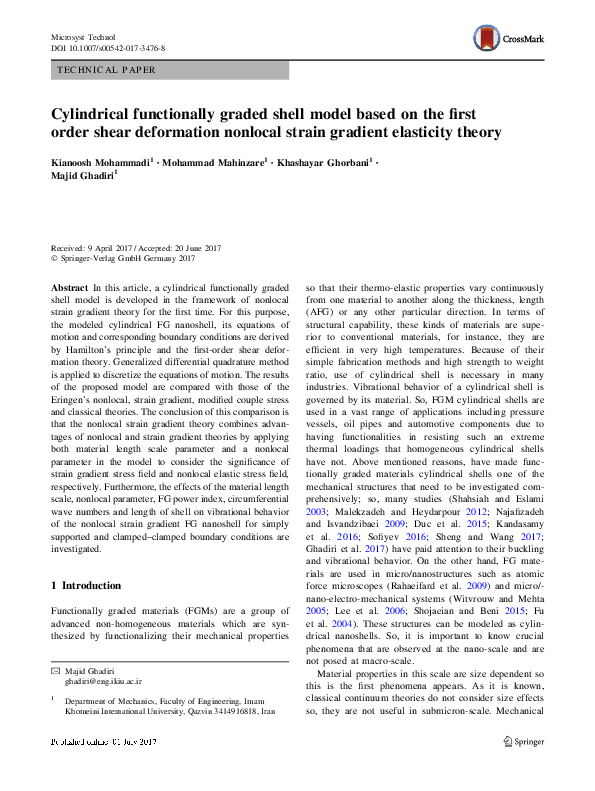 Pdf Cylindrical Functionally Graded Shell Model Based On The First