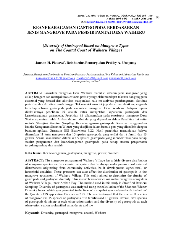 (PDF) Keanekaragaman Gastropoda Berdasarkan Jenis Mangrove Pada Pesisir Pantai Desa Waiheru ...