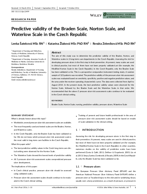 (PDF) Predictive validity of the Braden Scale, Norton Scale, and ...
