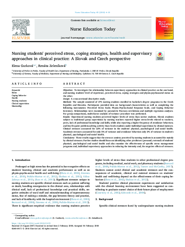 (PDF) Nursing students' perceived stress, coping strategies, health and supervisory approaches ...