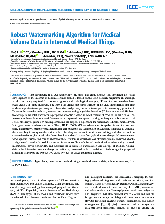 (PDF) Robust Watermarking Algorithm for Medical Volume Data in Internet of Medical Things