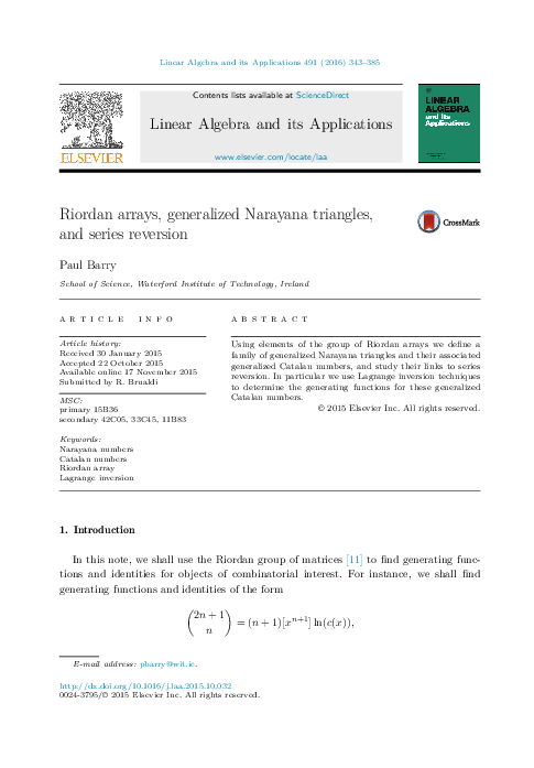 (PDF) Riordan arrays, generalized Narayana triangles, and series reversion