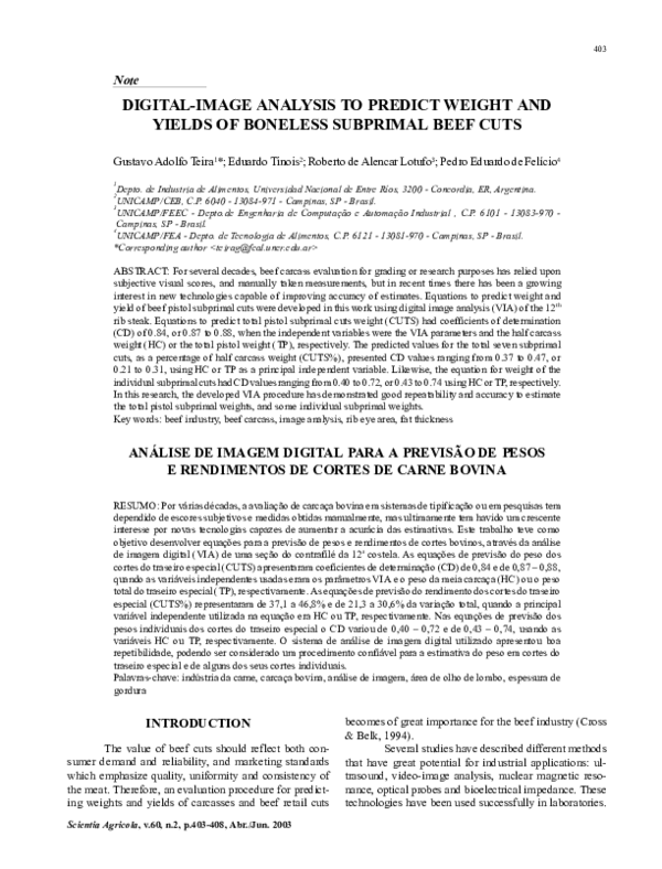 (PDF) Digital-image analysis to predict weight and yields of boneless subprimal beef cuts