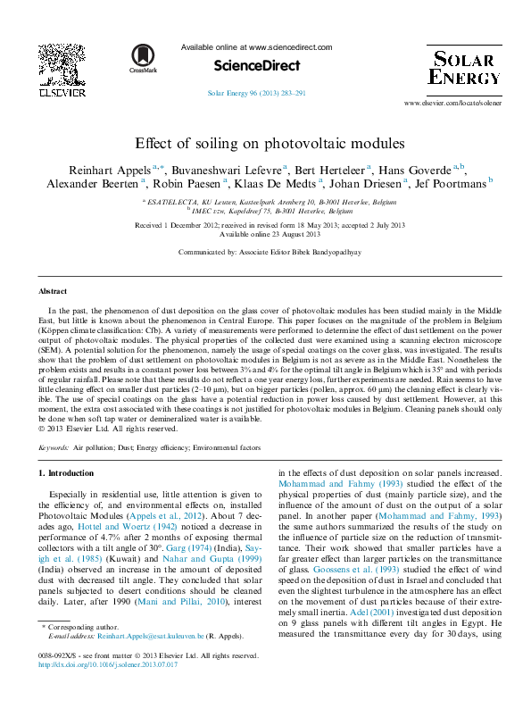 (PDF) Effect of soiling on photovoltaic modules