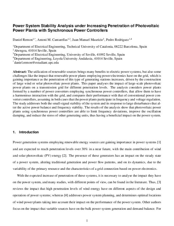 (PDF) Power system stability analysis under increasing penetration of ...