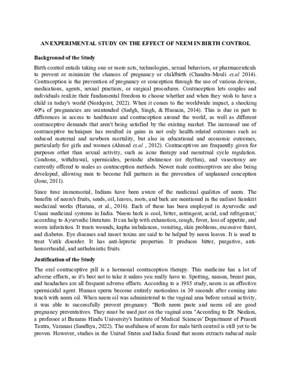 (DOC) AN EXPERIMENTAL STUDY ON THE EFFECT OF NEEM IN BIRTH CONTROL