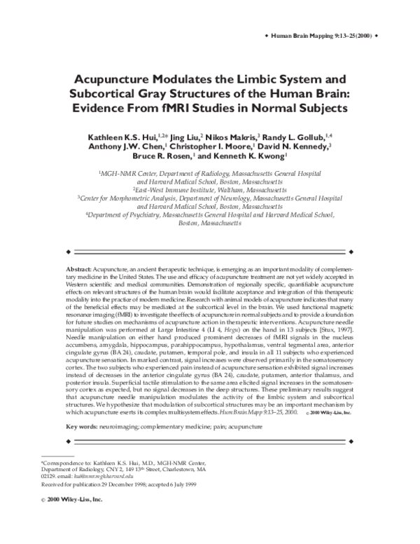 (PDF) Acupuncture modulates the limbic system and subcortical gray ...