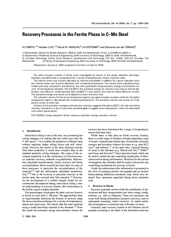 (PDF) Recovery Processes in the Ferrite Phase in C-Mn Steel