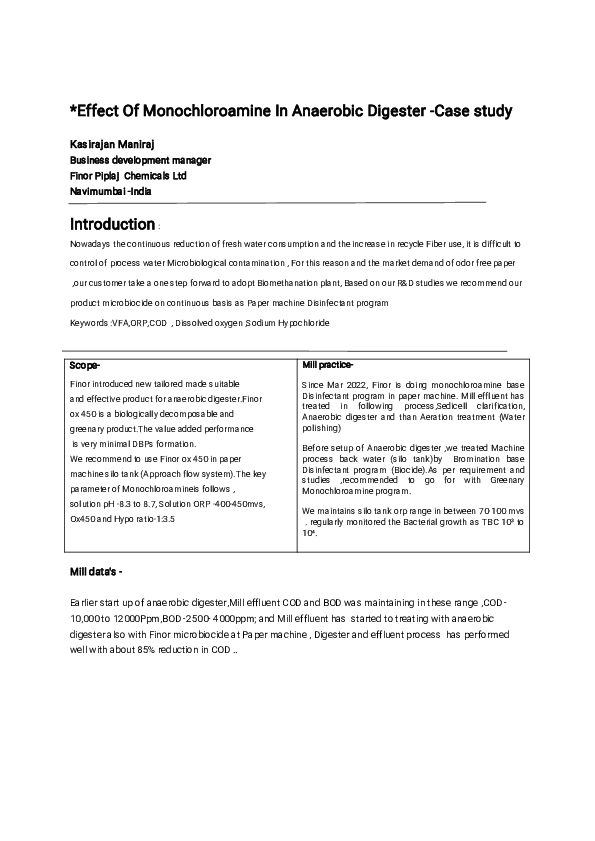 (PDF) Effect Of Monochloroamine In Anaerobic Digester -Case study