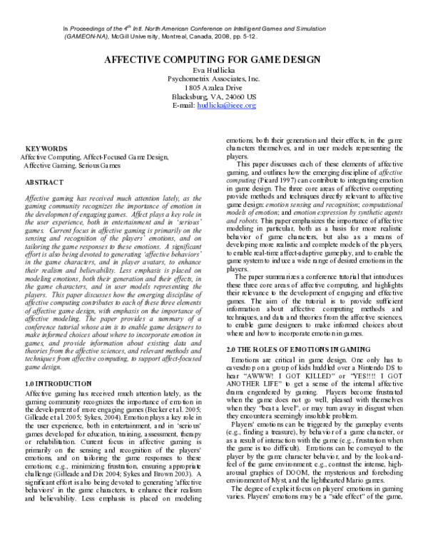 (PDF) Affective computing for game design
