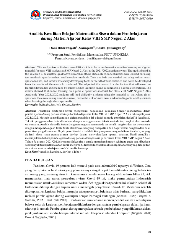 (PDF) Analisis Kesulitan Belajar Matematika Siswa Dalam Pembelajaran Daring Materi Aljabar Kelas ...