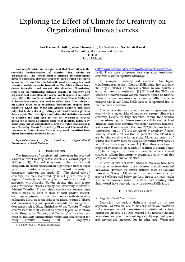 (PDF) Exploring the effect of climate for creativity on organizational ...