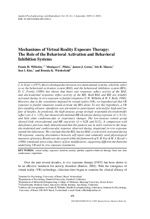 (PDF) Mechanisms of Virtual Reality Exposure Therapy: The Role of the Behavioral Activation and ...