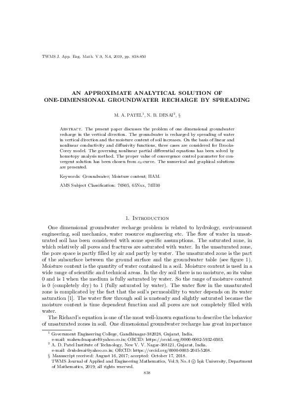(PDF) An Approximate Analytical Solution of One-Dimensional Groundwater Recharge by Spreading