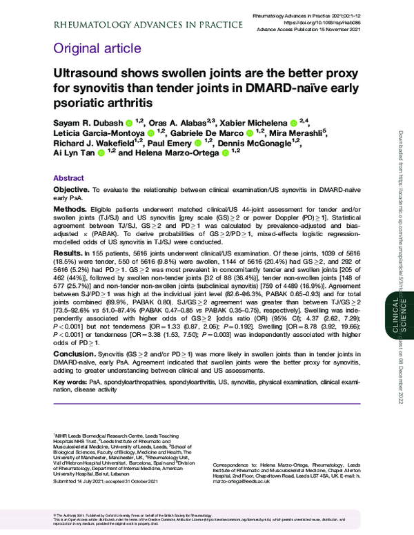 (PDF) Ultrasound shows swollen joints are the better proxy for ...