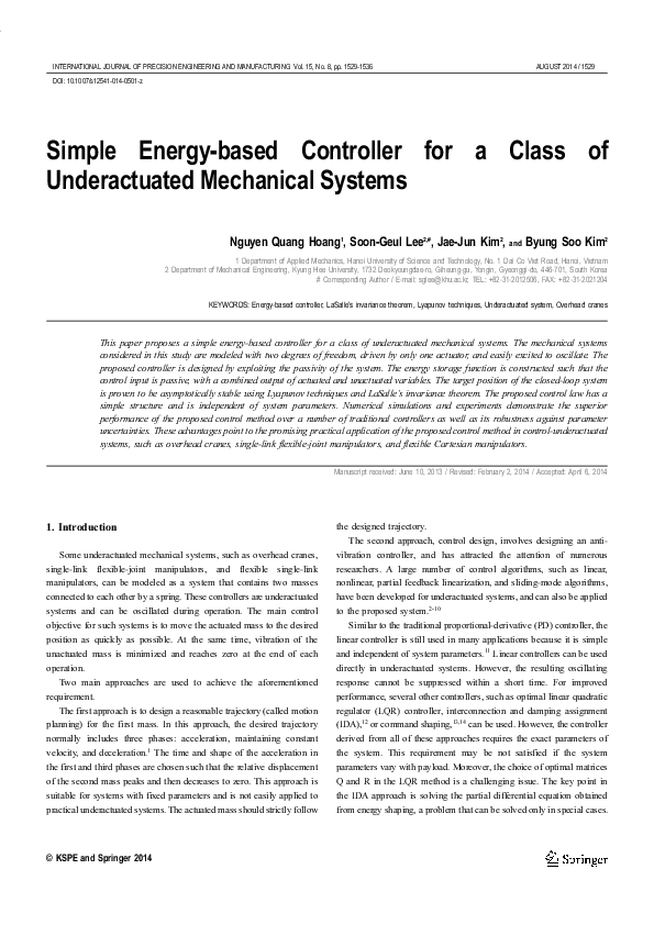 (PDF) Simple energy-based controller for a class of underactuated mechanical systems