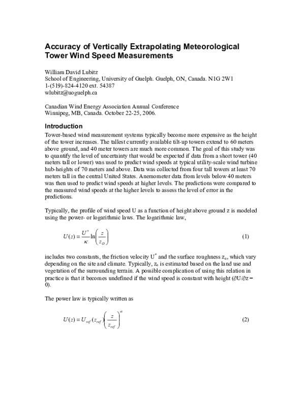 (PDF) Accuracy of Vertically Extrapolating Meteorological Tower Wind Speed Measurements