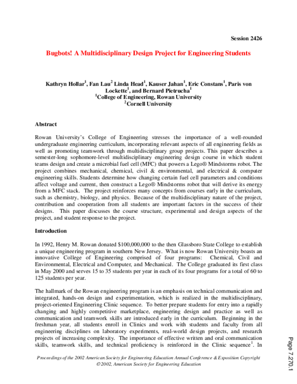 (PDF) Bugbots! A Multidisciplinary Design Project For Engineering Students