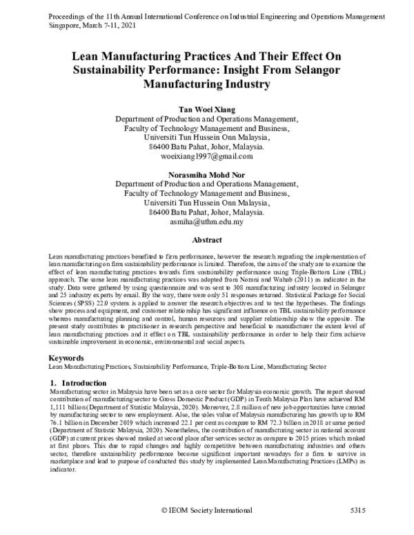 (PDF) Lean Manufacturing Practices And Their Effect On Sustainability Performance: Insight From ...
