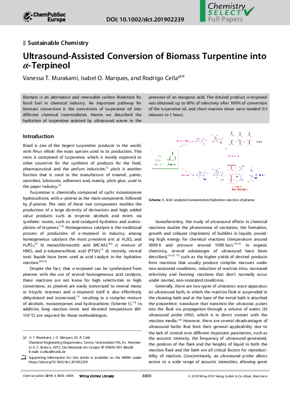(PDF) Ultrasound‐Assisted Conversion of Biomass Turpentine into α ‐Terpineol