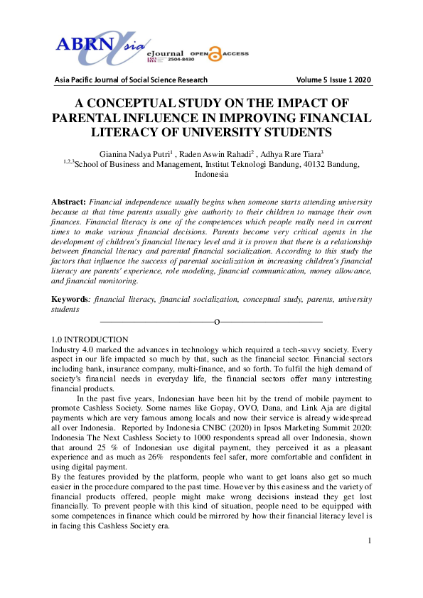 (PDF) A Conceptual Study on The Impact of Parental Influence in Improving Financial Literacy of ...